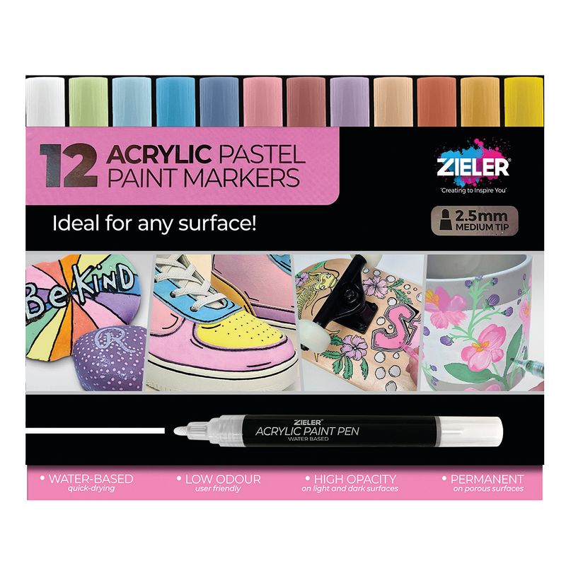 Zieler Acrylic Pastel Paint Pens - Medium Tip (12 Pack)