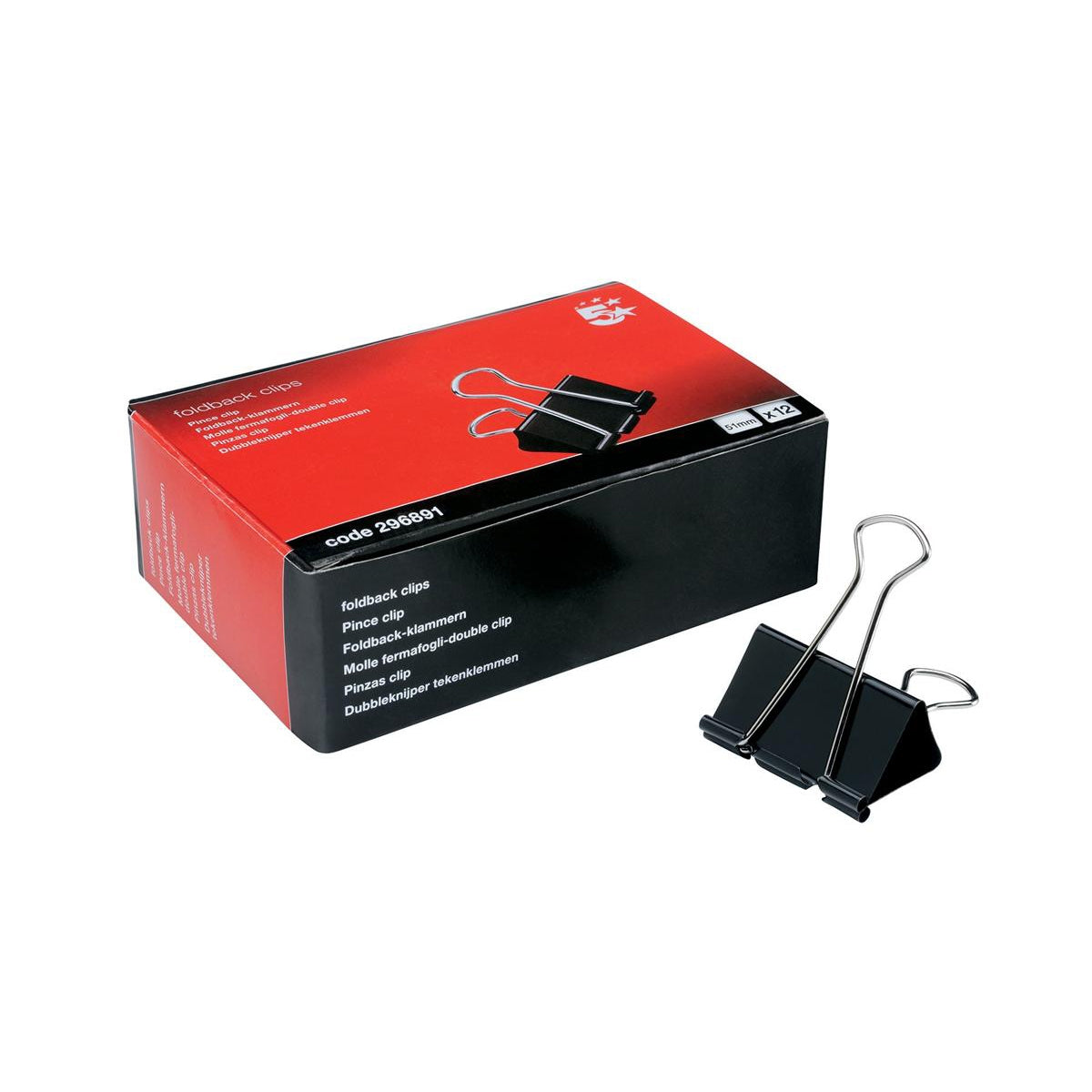 5 Star Office Foldback Clips 51mm Black