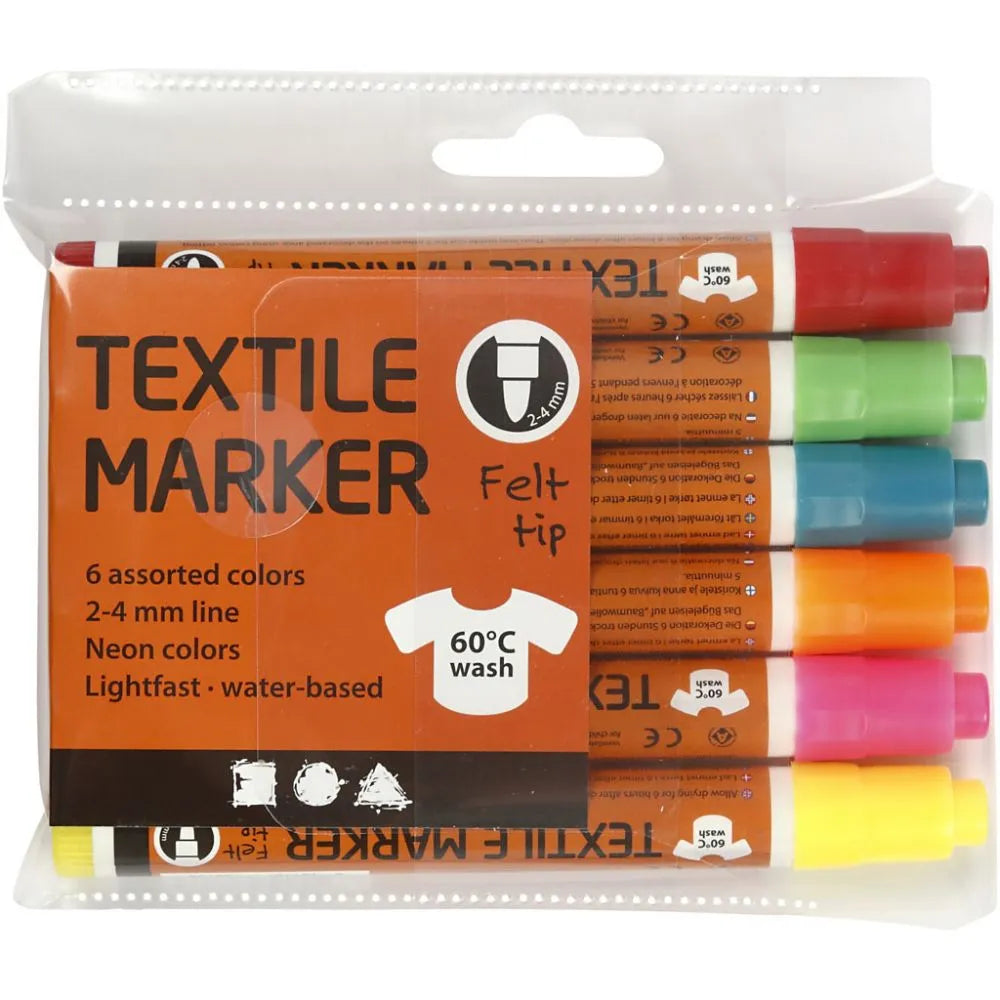 Textile Markers, neon colours, line 2-4 mm, 6 pc/ – Art & Hobby